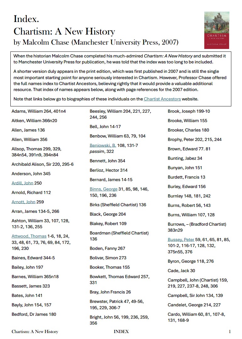 Chase's index: all the names in Chartism: A New History, by Malcolm Chase - chartist ancestors